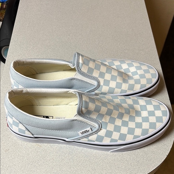 Vans | Shoes | Bnwt Mens Vans Light Bluewhite Checkered Canvas Slipons ...